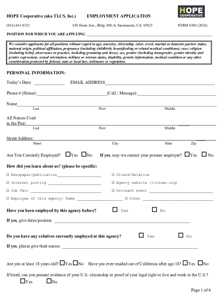 Fillable Online HOPE Cooperative (aka TLCS, Inc.) EMPLOYMENT ...