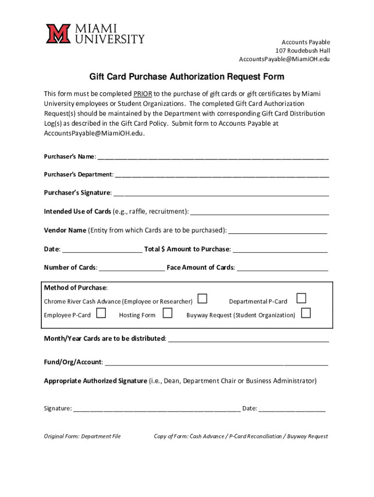 Fillable Online Gift Card Purchase Authorization Request Form Fax Email ...