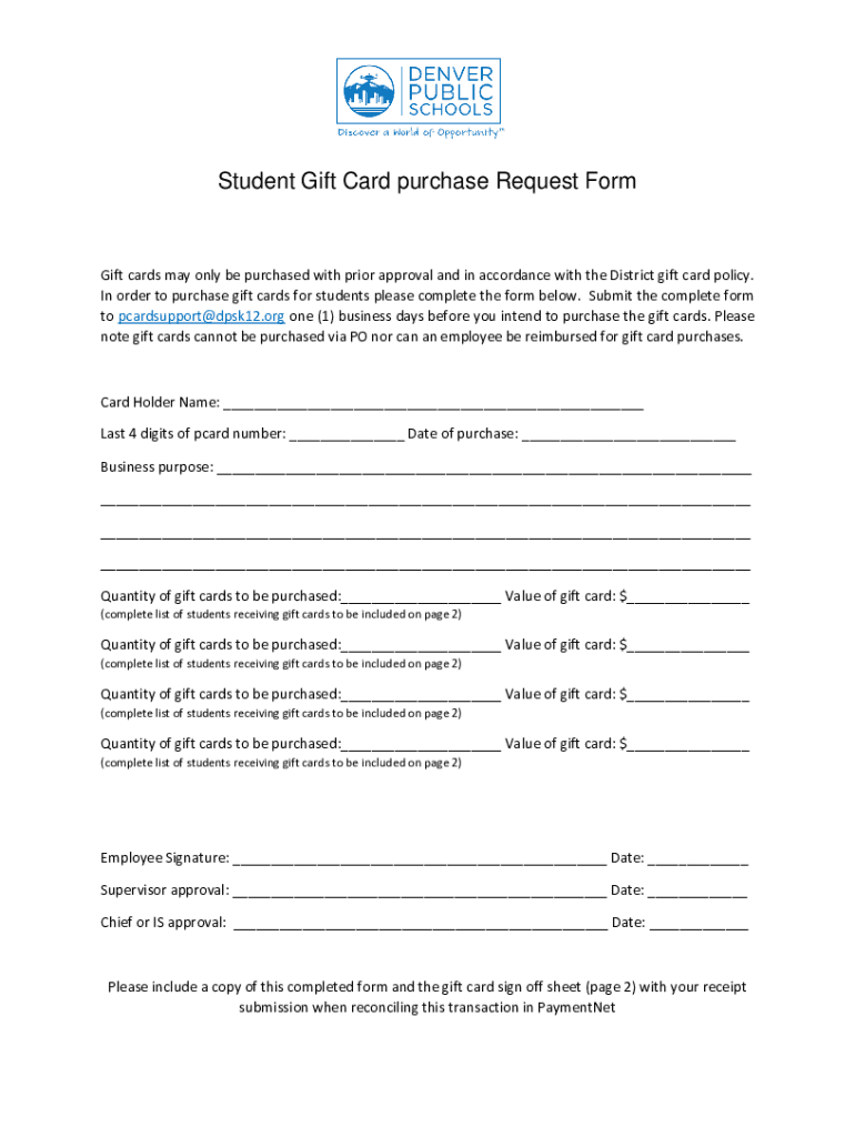 Fillable Online thecommons dpsk12 Student Gift Card purchase Request ...