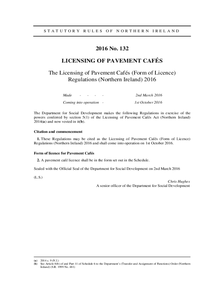 Fillable Online www.legislation.gov.uknisr2016The Licensing of Pavement Cafs (Form of Licence ...