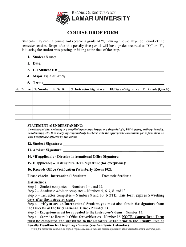 Fillable Online COURSE DROP FORM - lamar.edu Fax Email Print - pdfFiller
