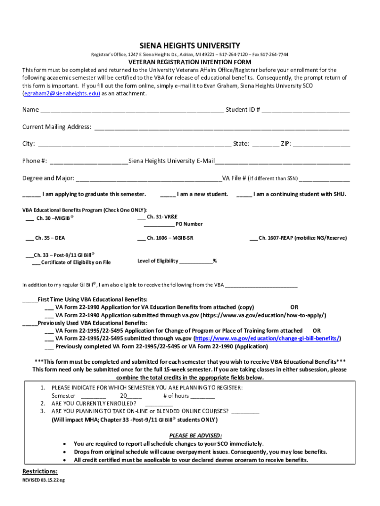 Fillable Online Registrars Office - Siena Heights UniversityRegistrars ...