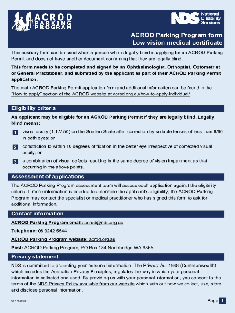 Fillable Online acrod.org.au06acrod-low-vision-certificateACROD Parking ...