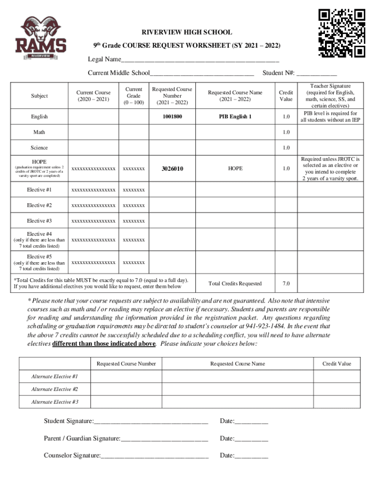 Fillable Online RIVERVIEW HIGH SCHOOL 9th Grade COURSE REQUEST ...