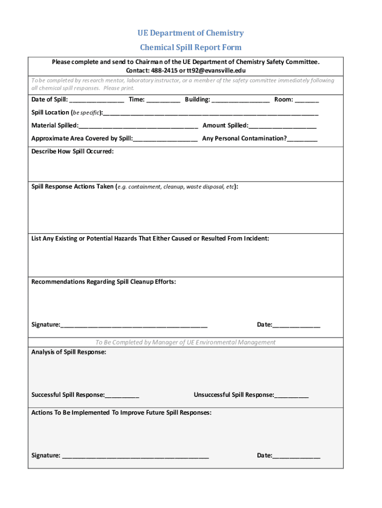 Fillable Online chemistrysafety evansville UE Department of Chemistry ...