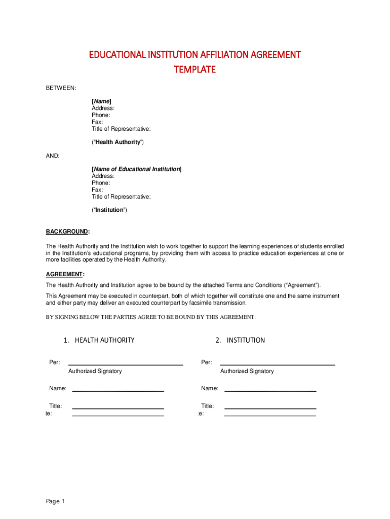 Fillable Online www.phsa.caDocumentsAffiliationAgreementTemplateEDUCATIONAL INSTITUTION ...