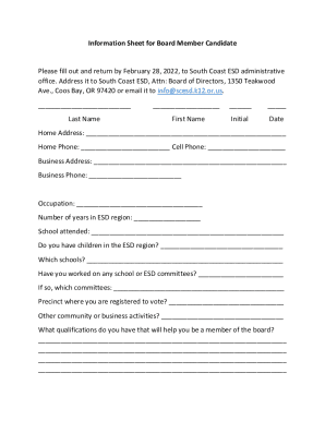Fillable Online Information Sheet for Board Member Candidate Fax Email ...