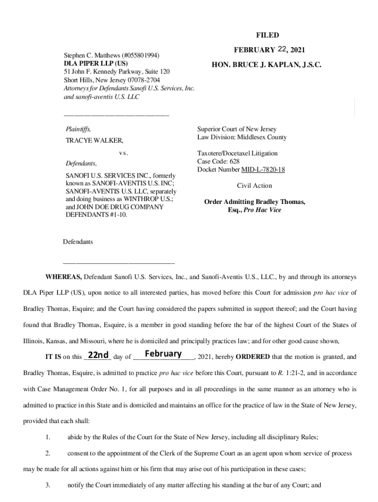 Fillable Online Walker - Order Admitting Pro Hac Vice Bradley Thomas in ...