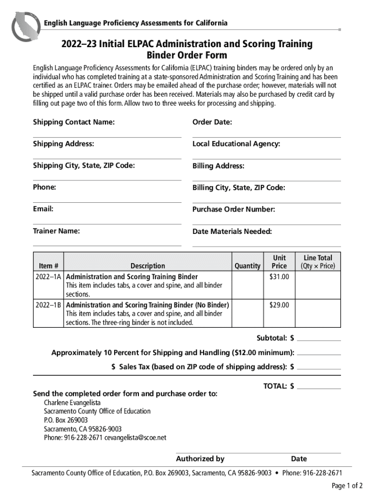 Fillable Online Initial ELPAC Binder Order Form Fax Email Print - pdfFiller