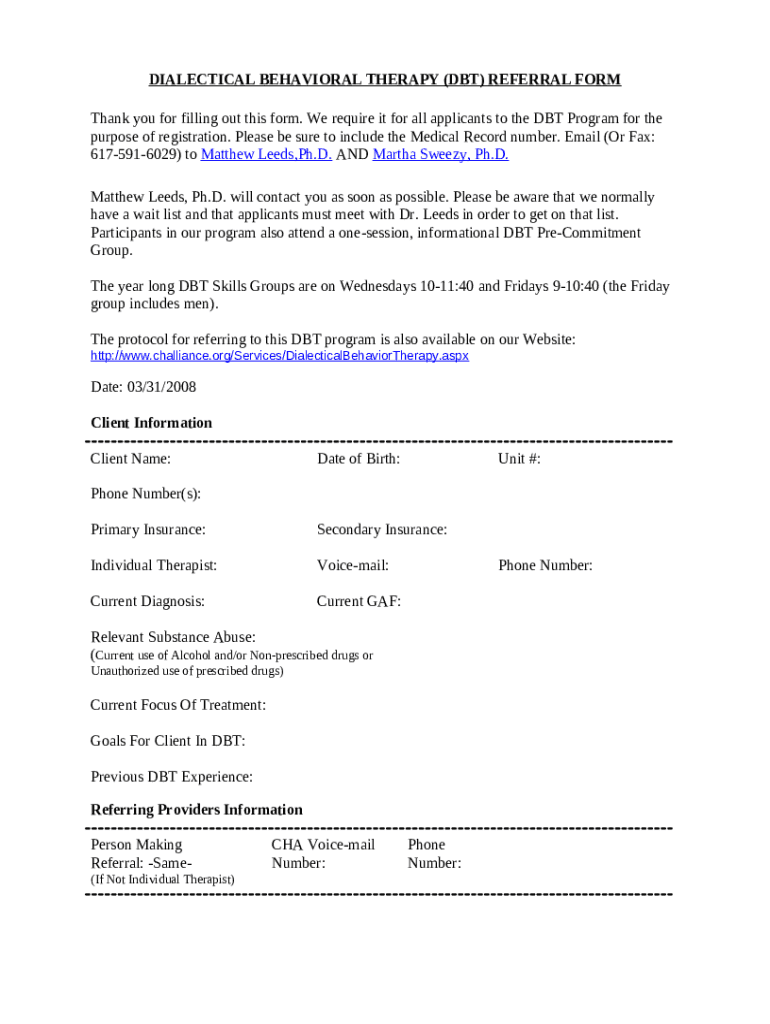DBT REFERRAL Doc Template | pdfFiller