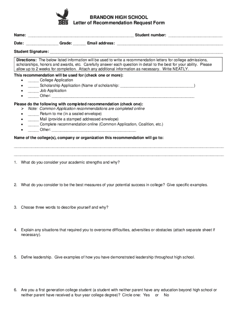 Fillable Online BRANDON HIGH SCHOOL Letter of Recommendation Request ...