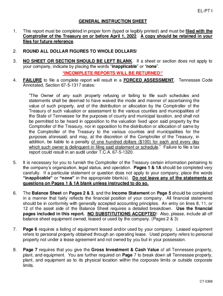 Fillable Online comptroller tn Get the free ELPT I GENERAL INSTRUCTION ...