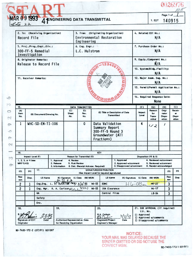 Fillable Online ENGINEERING DAT-A TRANSMITTAL Peg I.EDT 2. To ...