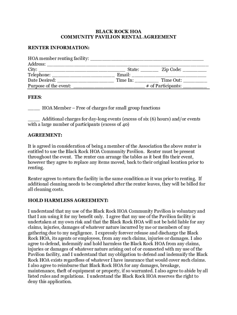 Fillable Online BLACK ROCK HOA COMMUNITY PAVILION RENTAL AGREEMENT ...