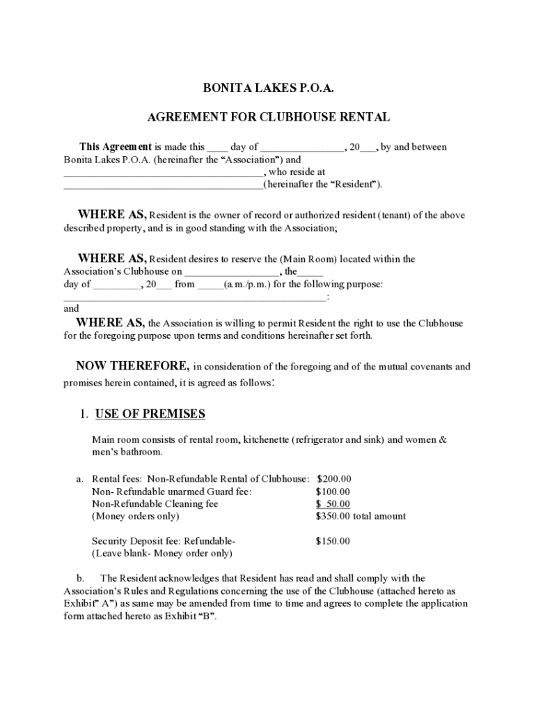 Fillable Online AGREEMENT FOR CLUBHOUSE RENTAL - bonitalakes.org Fax ...
