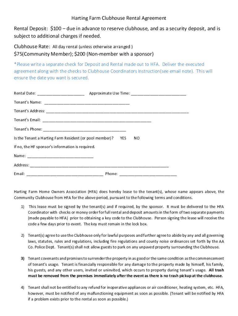 Fillable Online Harting Farm Clubhouse Rental Agreement.docx Fax Email ...
