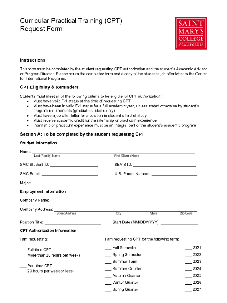 Fillable Online CPT Request Form - Saint Mary's College of California ...