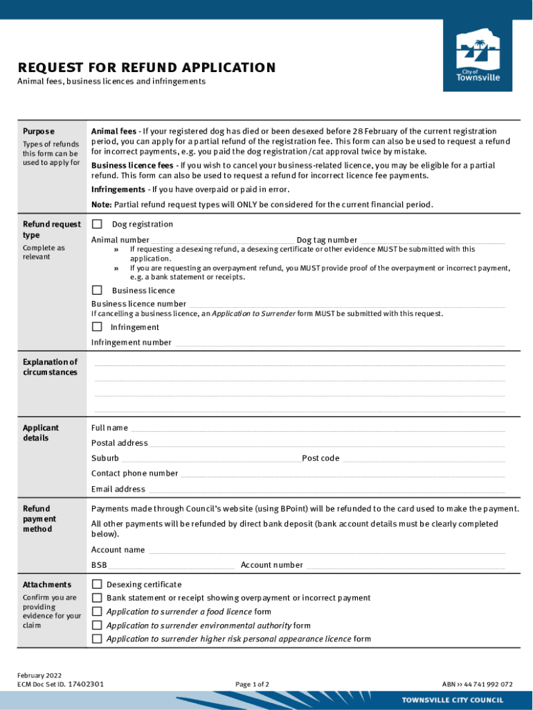 Fillable Online request for refund application - townsville.qld.gov.au ...