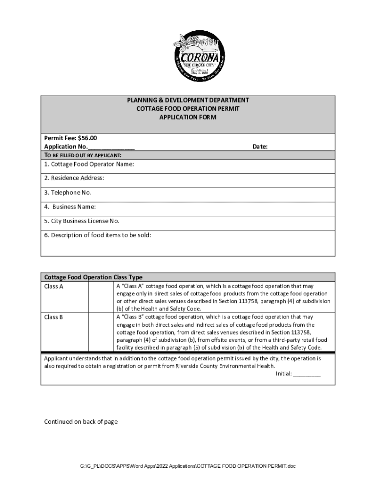 Fillable Online PLANNING & DEVELOPMENT DEPARTMENT COTTAGE FOOD ...