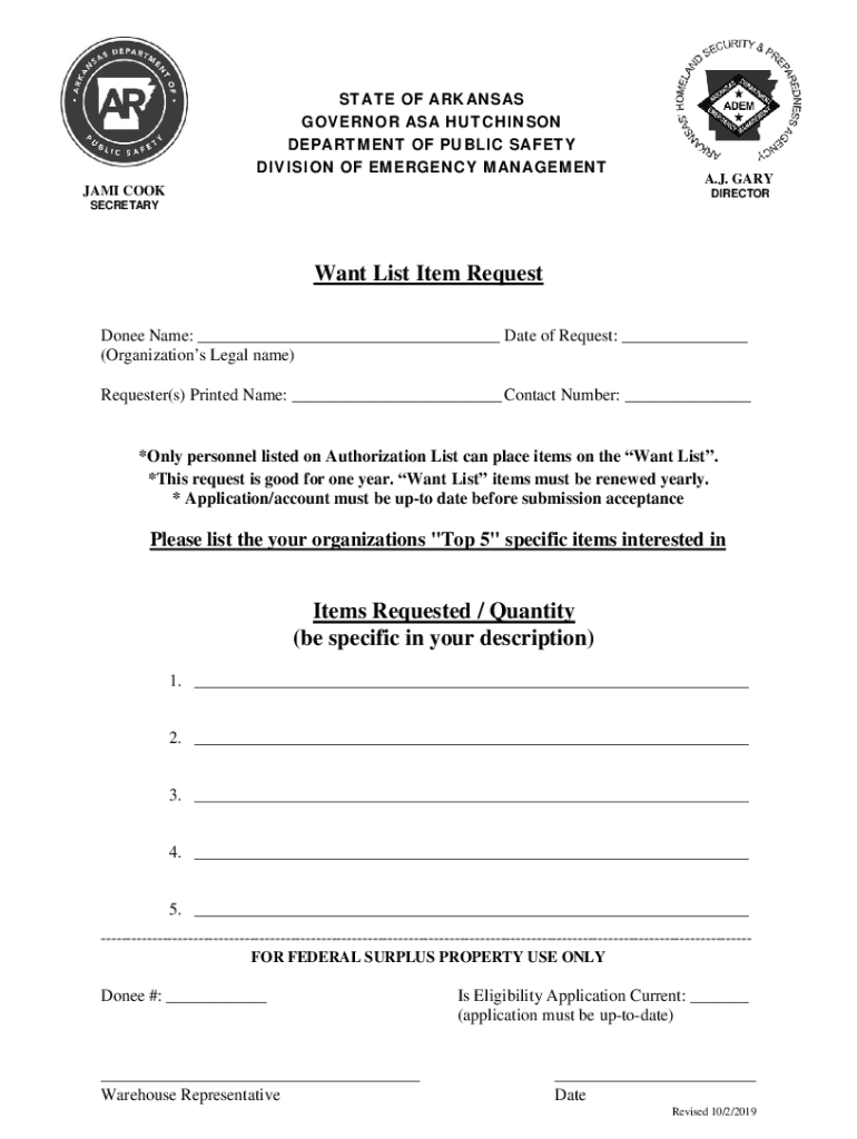 Fillable Online Want List Item Request Items Requested / Quantity (be specific in ... Fax Email ...