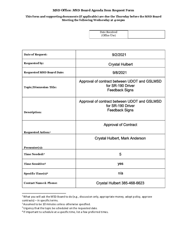 Fillable Online MSD Office: MSD Board Agenda Item Request Form Fax Email Print - pdfFiller