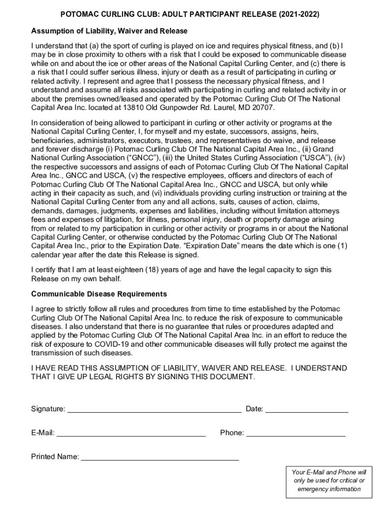 Fillable Online ADULT PARTICIPANT RELEASE Assumption of Liability, Waiver ... Fax Email Print ...