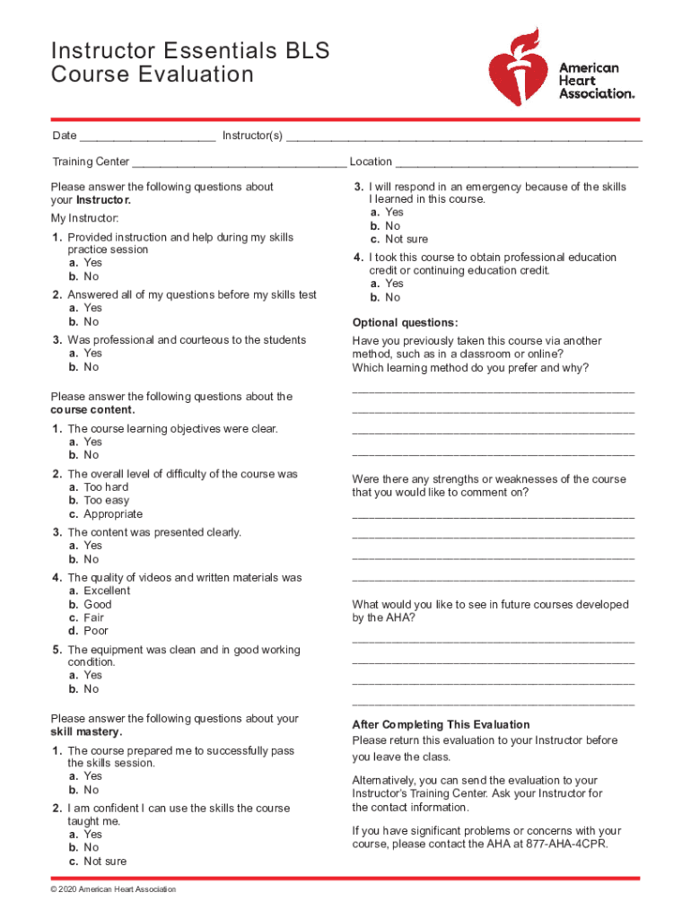 Fillable Online Aha Bls Course Evaluation Form Fax Email Print - pdfFiller
