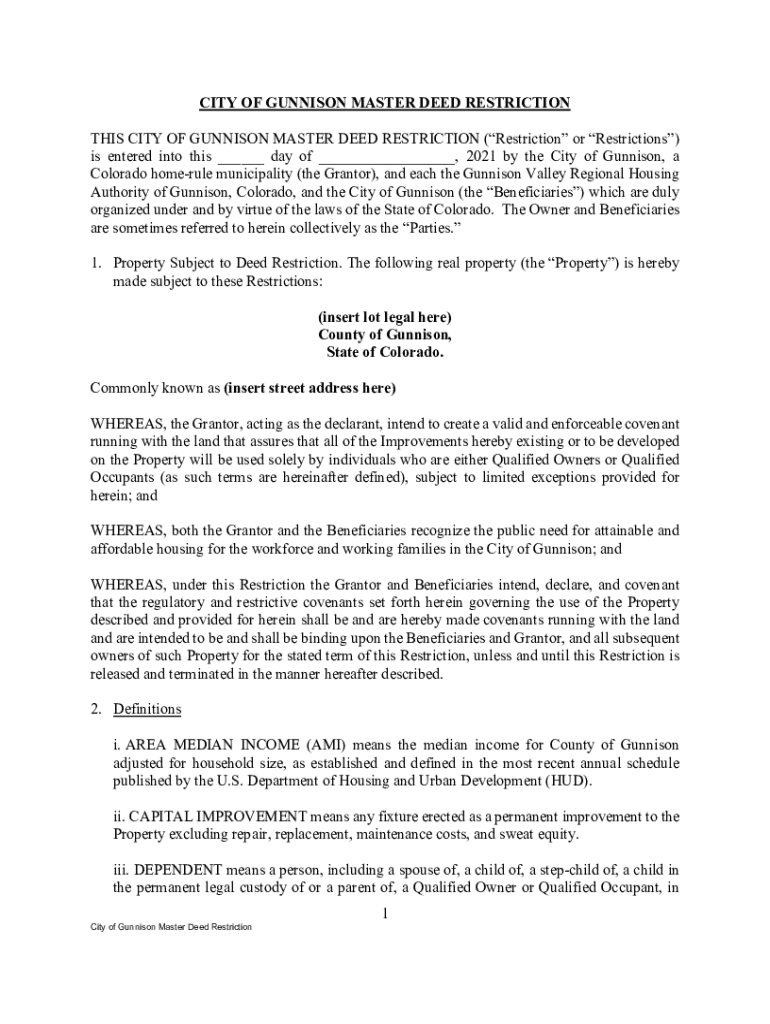 Fillable Online CITY OF GUNNISON MASTER DEED RESTRICTION Fax Email Print - pdfFiller