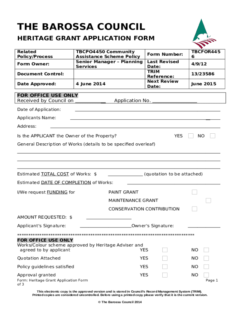Get the free The barossa council heritage grant ... Doc Template | pdfFiller