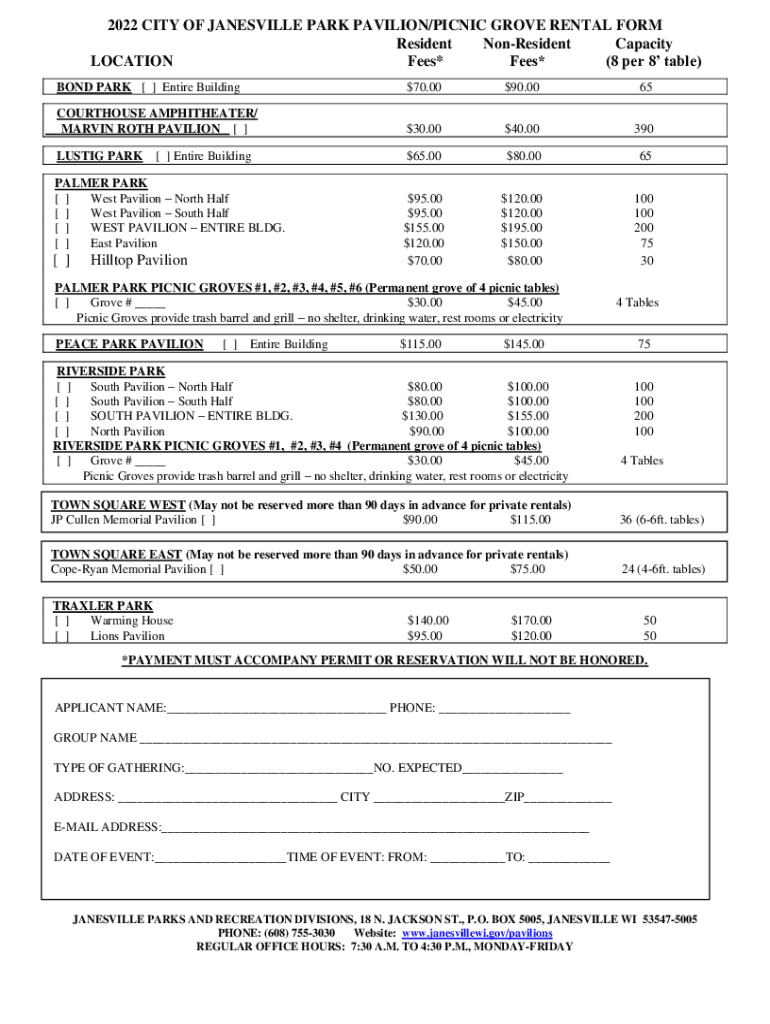 Fillable Online Park Pavilion Rental Frequently Asked Questions Q: How ...