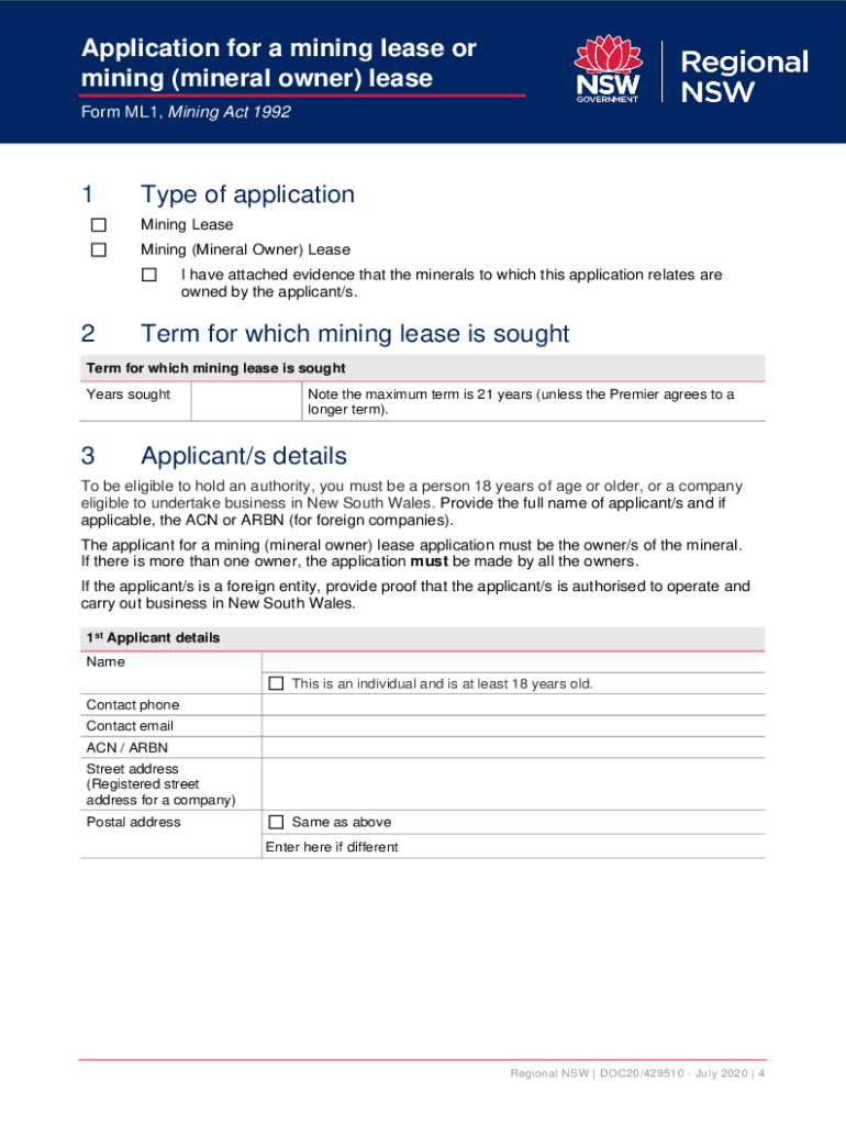Fillable Online ML1 Application for a mining lease or mining (mineral ...