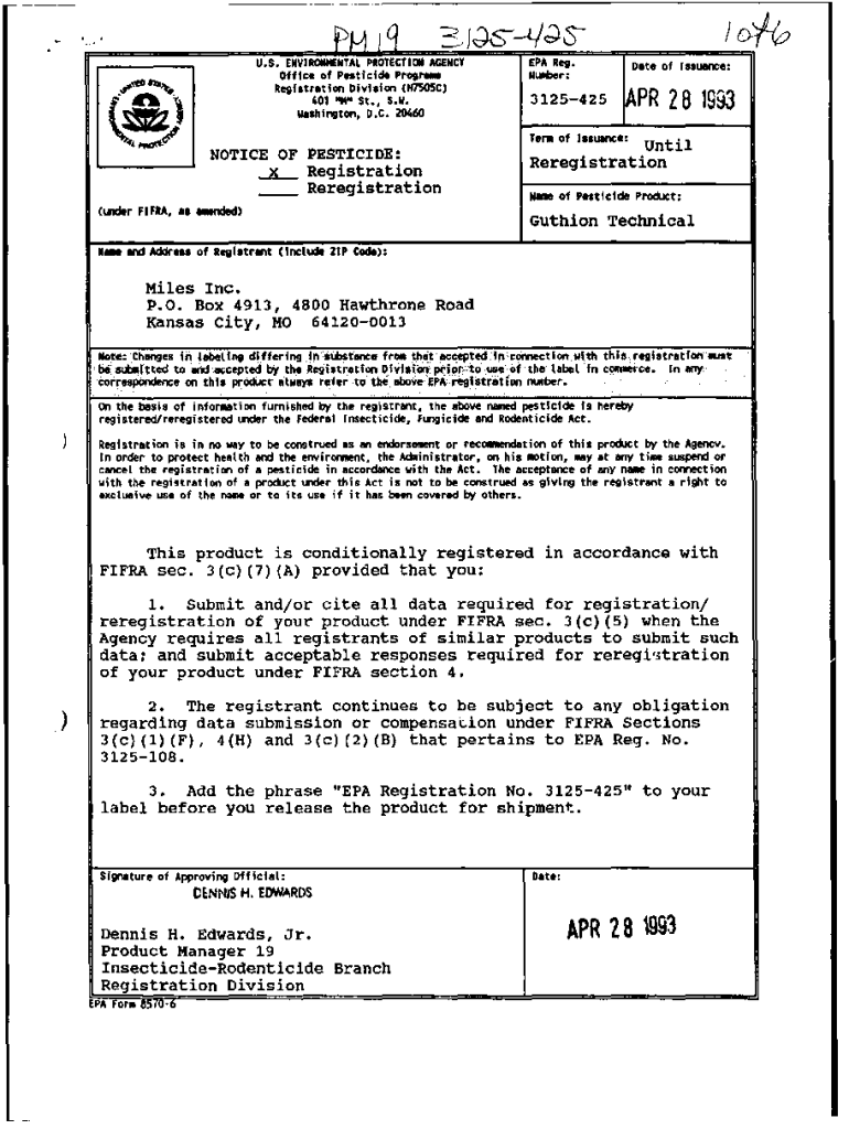 Fillable Online U.S. EPA, Pesticide Product Label, GUTHION TECHNICAL ...