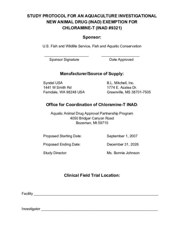 Fillable Online STUDY PROTOCOL FOR AN AQUACULTURE INVESTIGATIONAL NEW ...