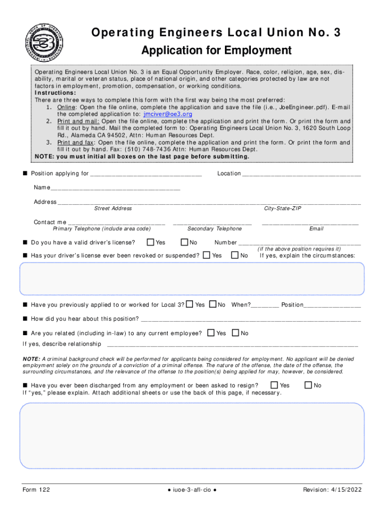Fillable Online Application for Employment - Form 122 Fax Email Print ...