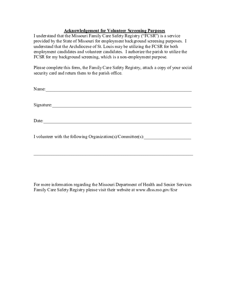 Fillable Online Fillable Online Acknowledgement For Volunteer Screening ...