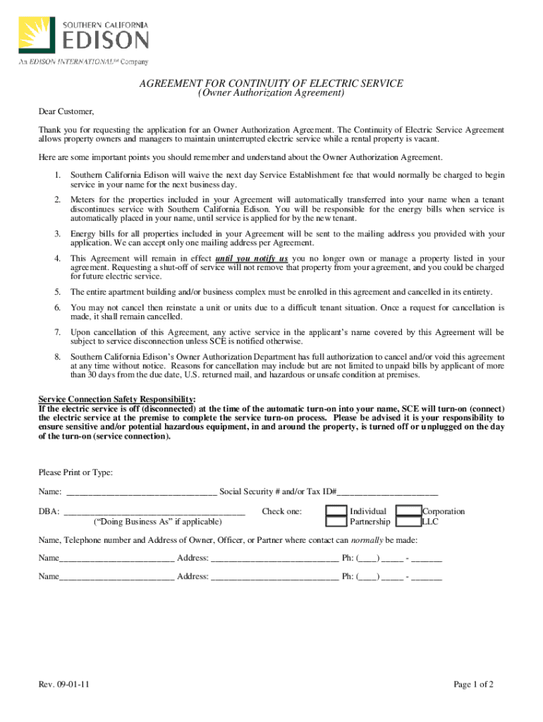 Fillable Online AGREEMENT FOR CONTINUITY OF ELECTRIC SERVICE (Owner ...