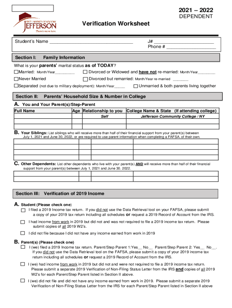 Fillable Online 2021 2022 DEPENDENT VERIFICATION WORKSHEET (V1 or V5) Fax Email Print - pdfFiller