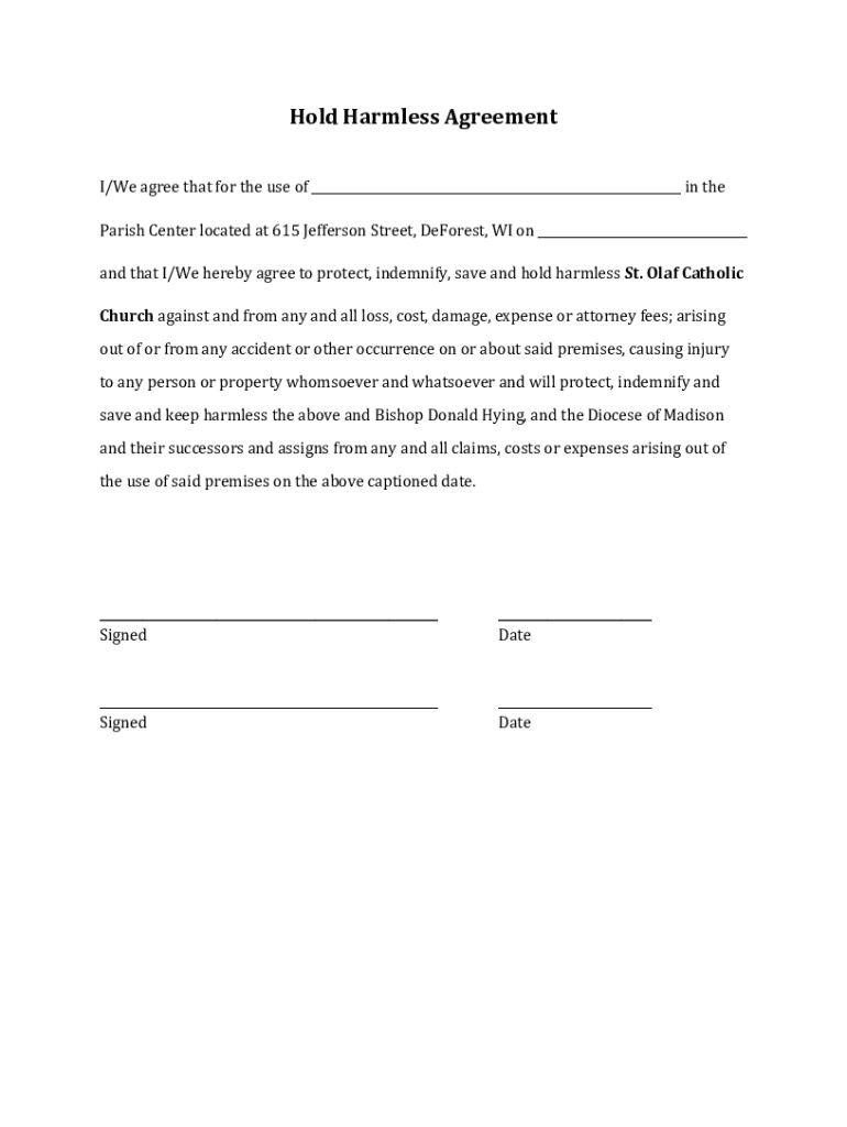 Fillable Online Hold Harmless Agreement and Use Agreement Statement ...