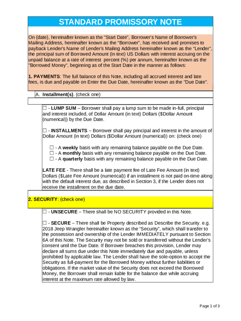 Fill - Free STANDARD PROMISSORY NOTE PDF Doc Template | pdfFiller
