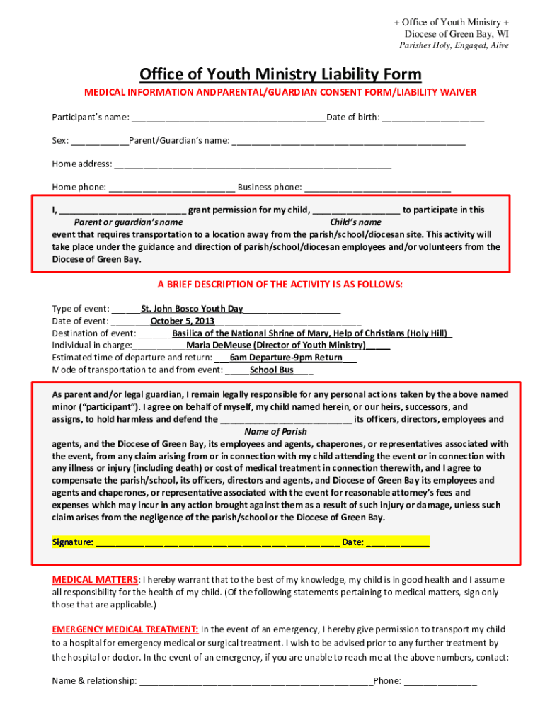 Fillable Online Fillable Online 2 sided Office of Youth Ministry ...