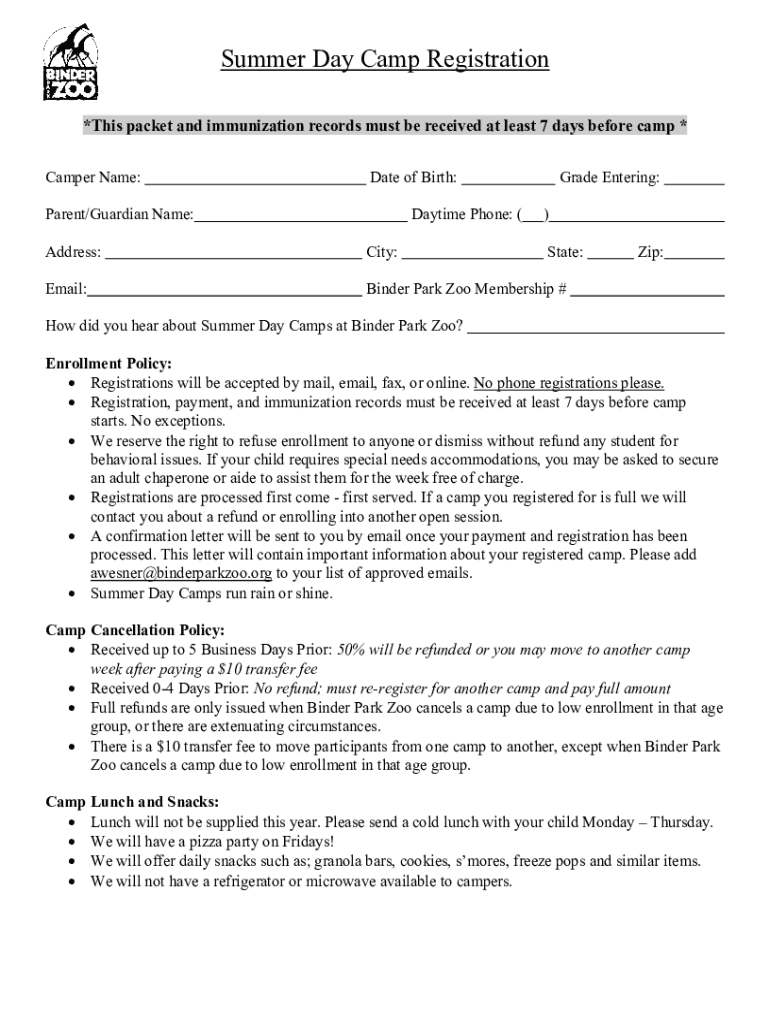Fillable Online Summer Day Camp Registration - Binder Park Zoo Fax Email Print - pdfFiller