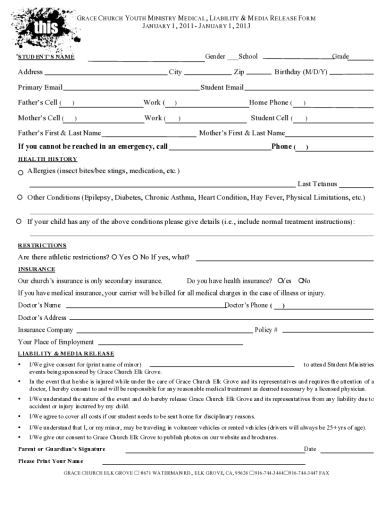 Fillable Online Student Ministry Release Form - gracechurch.com Fax ...