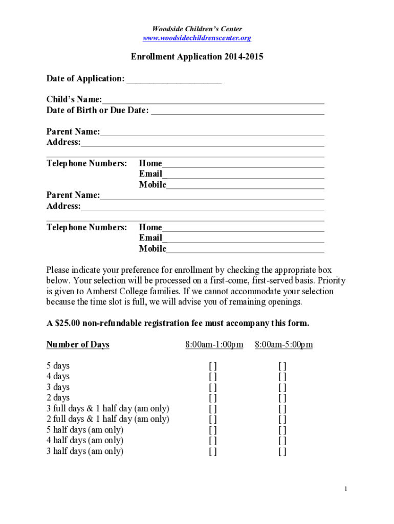 Fillable Online Woodside Children's Center Enrollment Application Fax ...