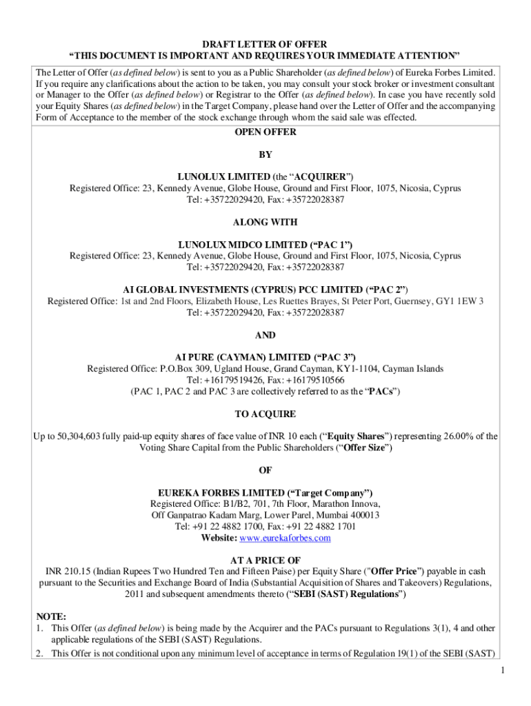 Fillable Online DRAFT LETTER OF OFFFER THIS DOCUMENT IS IMPORTANT AND ...