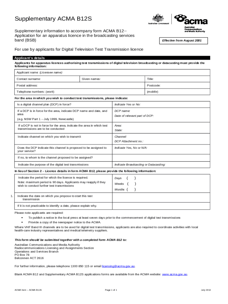 ACMA B12 S- Supplementary Doc Template | pdfFiller