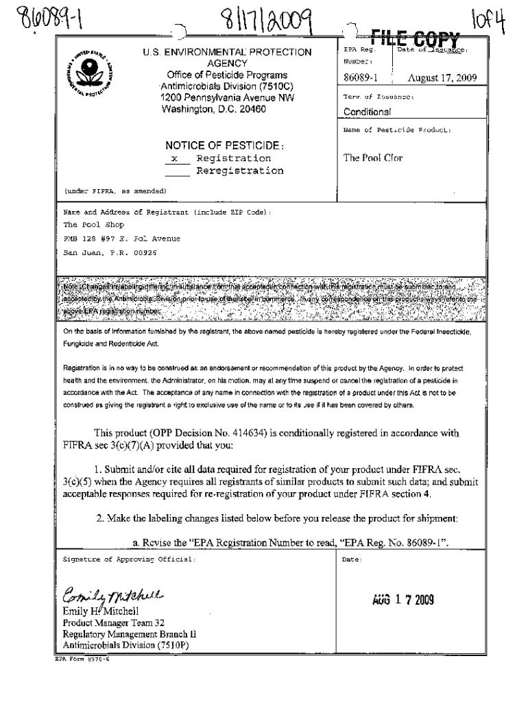 Fillable Online U.S. EPA, Pesticide Product Label, THE POOL CLOR, 08/17 ...