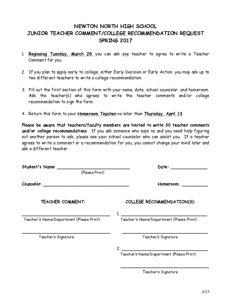 Fillable Online Documents / Teacher Comment Request & Recommendation ...