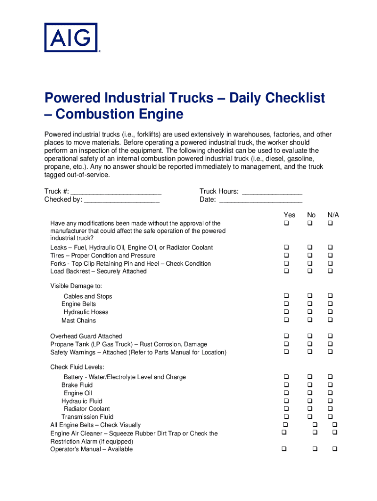 Fillable Online Electric Forklift Daily Inspection Checklist Pdf Fax ...