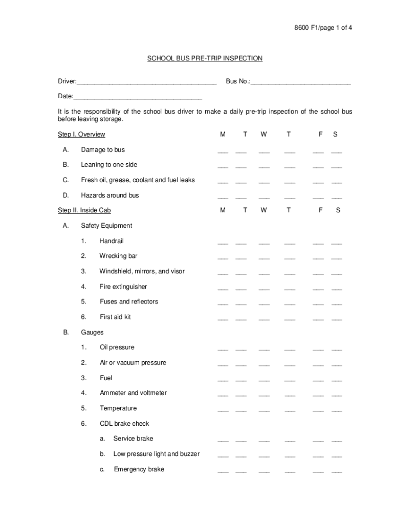 Fillable Online 8600 F1/page 1 of 4 SCHOOL BUS PRE-TRIP INSPECTION Fax ...