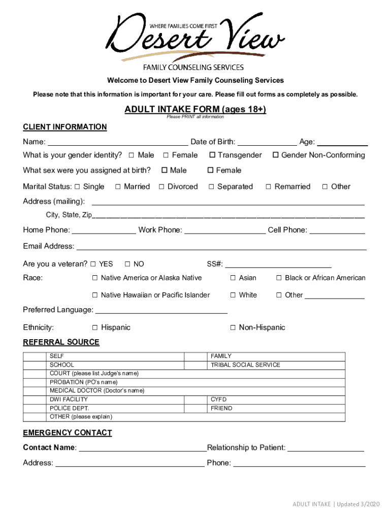 Fillable Online Welcome to Desert View Family Counseling Services Please ... Fax Email Print ...